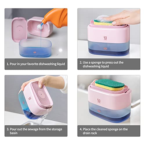 LIEN Dish Soap Dispenser Pump and Sponge Holder, 2 in 1 Dish Washing Soap Dispenser Caddy for Kitchen, 10.5 Ounces (Sakura Pink)