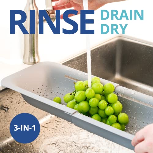 BLUE GINKGO Over the Sink Colander Strainer Basket - Wash Vegetables and Fruits, Drain Cooked Pasta and Dry Dishes - Extendable - New Home Kitchen Essentials (7.9 W x 14.5-19.5 L x 2.75 H) - Gray