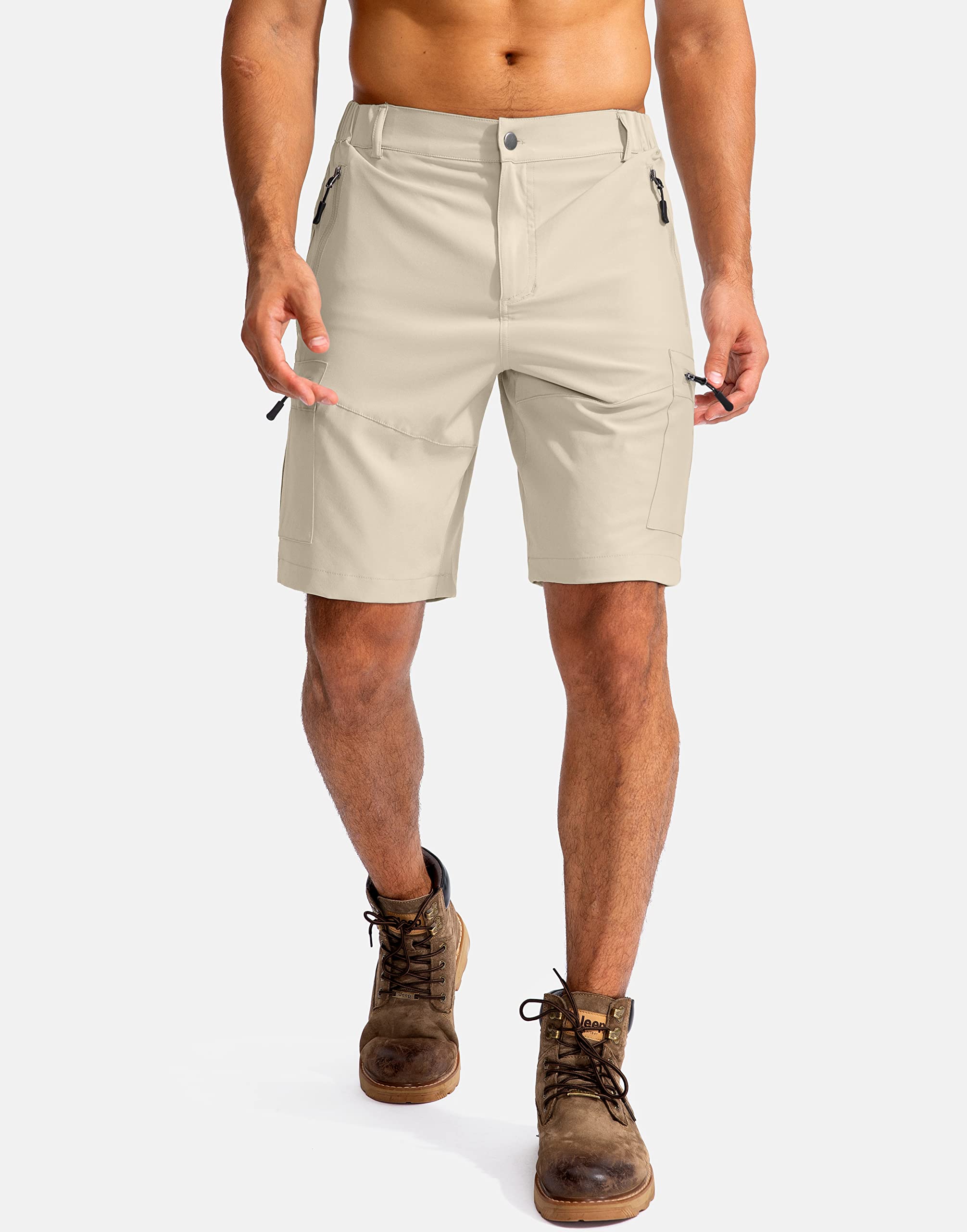 Pudolla Men's Hiking Cargo Shorts 9" Lightweight Outdoor Work Shorts for Men Travel Golf Camping Casual with 5 Zipper Pockets(Khaki Large)