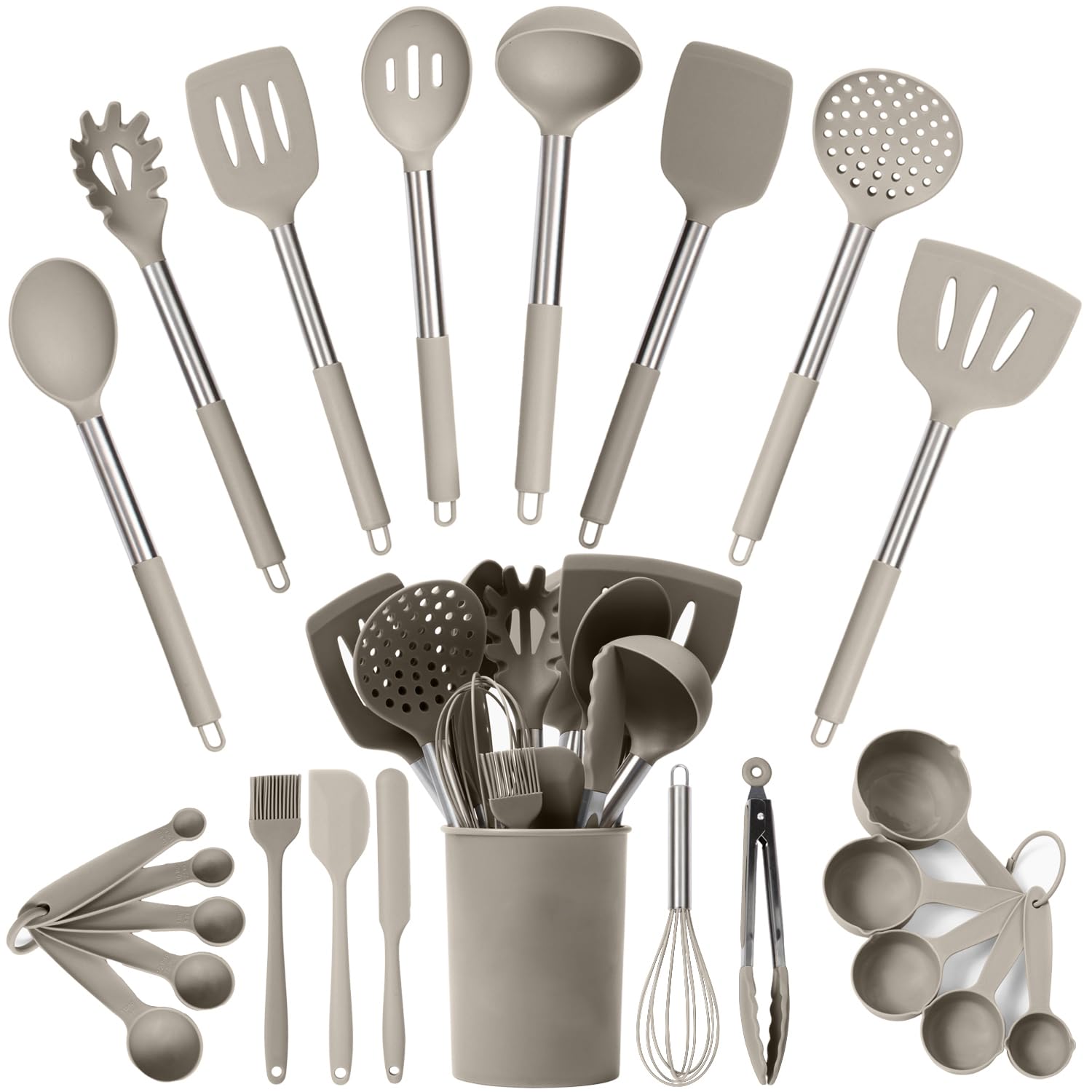 Silicone Kitchen Utensils Set - Culinary Couture 24-Pieces Khaki Silicone Cooking Utensils Set for Nonstick Cookware - Silicone Spatulas Set, Stainless Steel Handle & Other Kitchen accessories