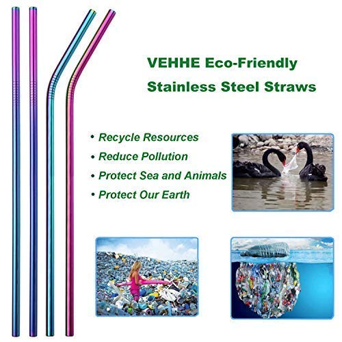 VEHHE Metal Straws Drinking Straws 10.5" Stainless Steel Straws Reusable 8 Set - Ultra Long Rainbow Color-Cleaning Brush for 20/30 Oz for Yeti
