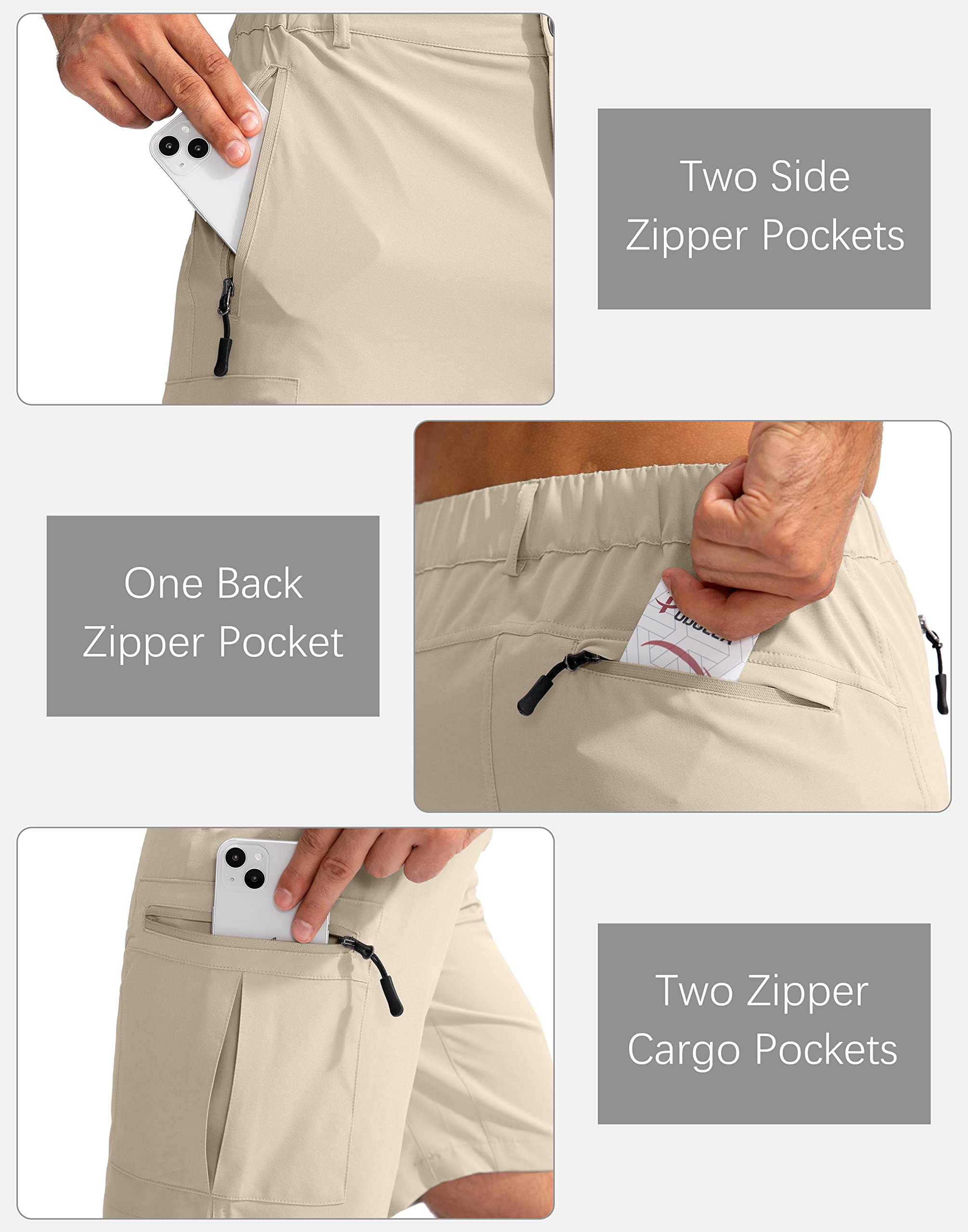Pudolla Men's Hiking Cargo Shorts 9" Lightweight Outdoor Work Shorts for Men Travel Golf Camping Casual with 5 Zipper Pockets(Khaki Large)