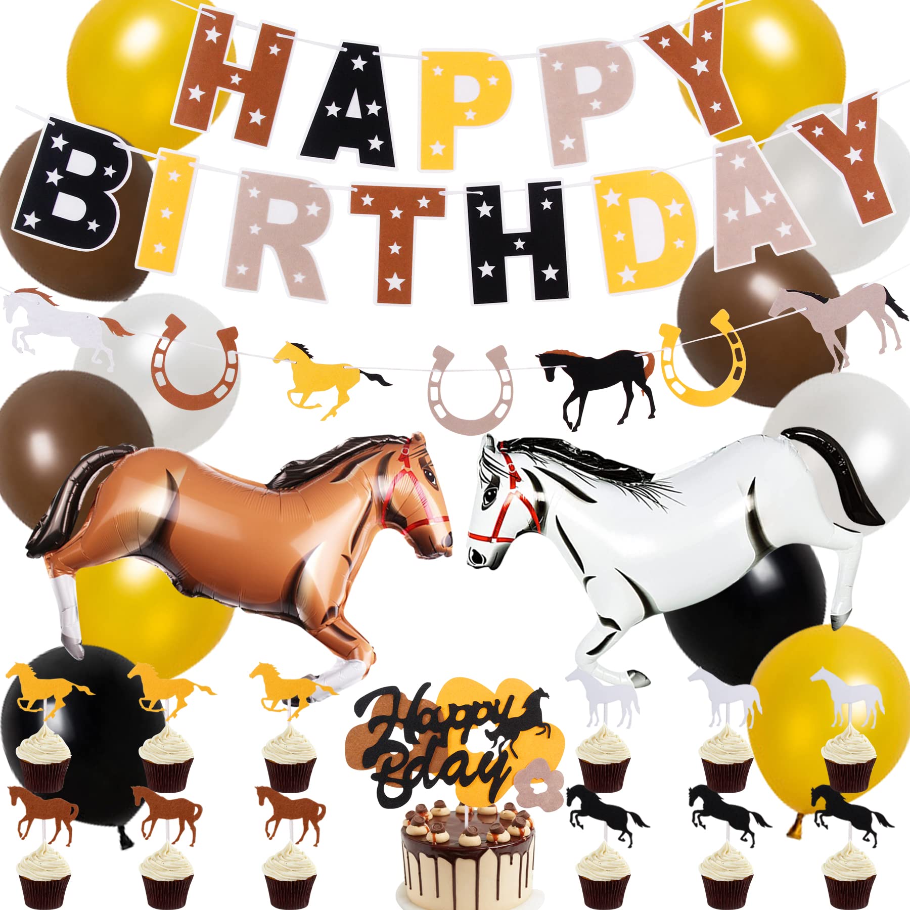 Horse Birthday Party Decorations Supplies for Boys - Derby Horse Birthday Banner, Western Cowboy Horse Rodeo Garland, Horse Racing Cake Cupcake Toppers, Horse Foil Balloons for Pony Themed Party Decor