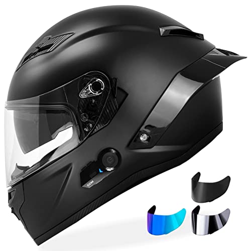 Bluetooth Motorcycle Helmet with Clear, Tinted, Iridium Shields (Matte Black, Small)