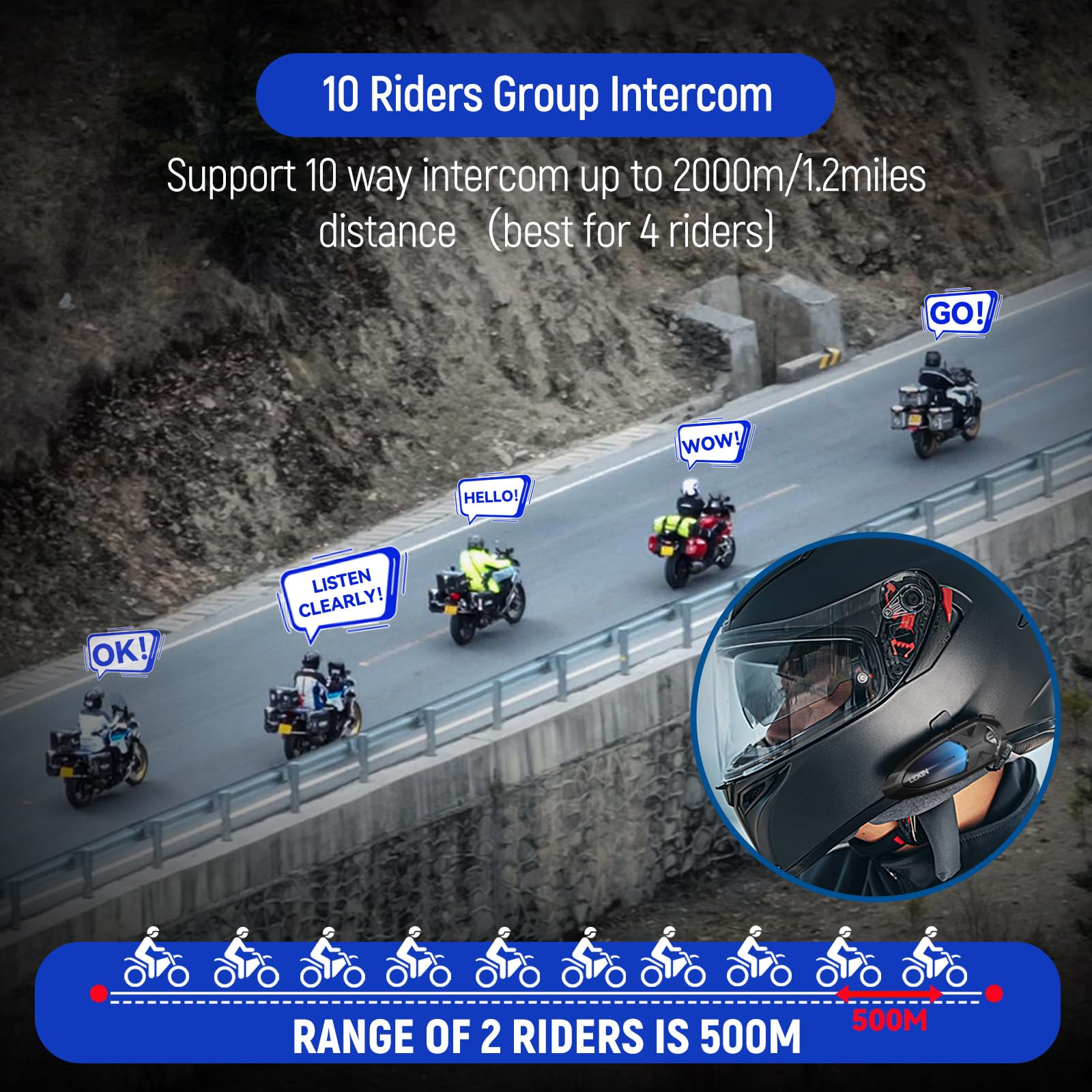 LEXIN GTX Motorcycle Bluetooth Headset, 10 Riders Helmet Communication System, Group Intercom w/Audio Multitasking/Loud Speakers/IP67 Waterproof/Hands-Free Call/USB-C Charge/5 Shells, Single Pack