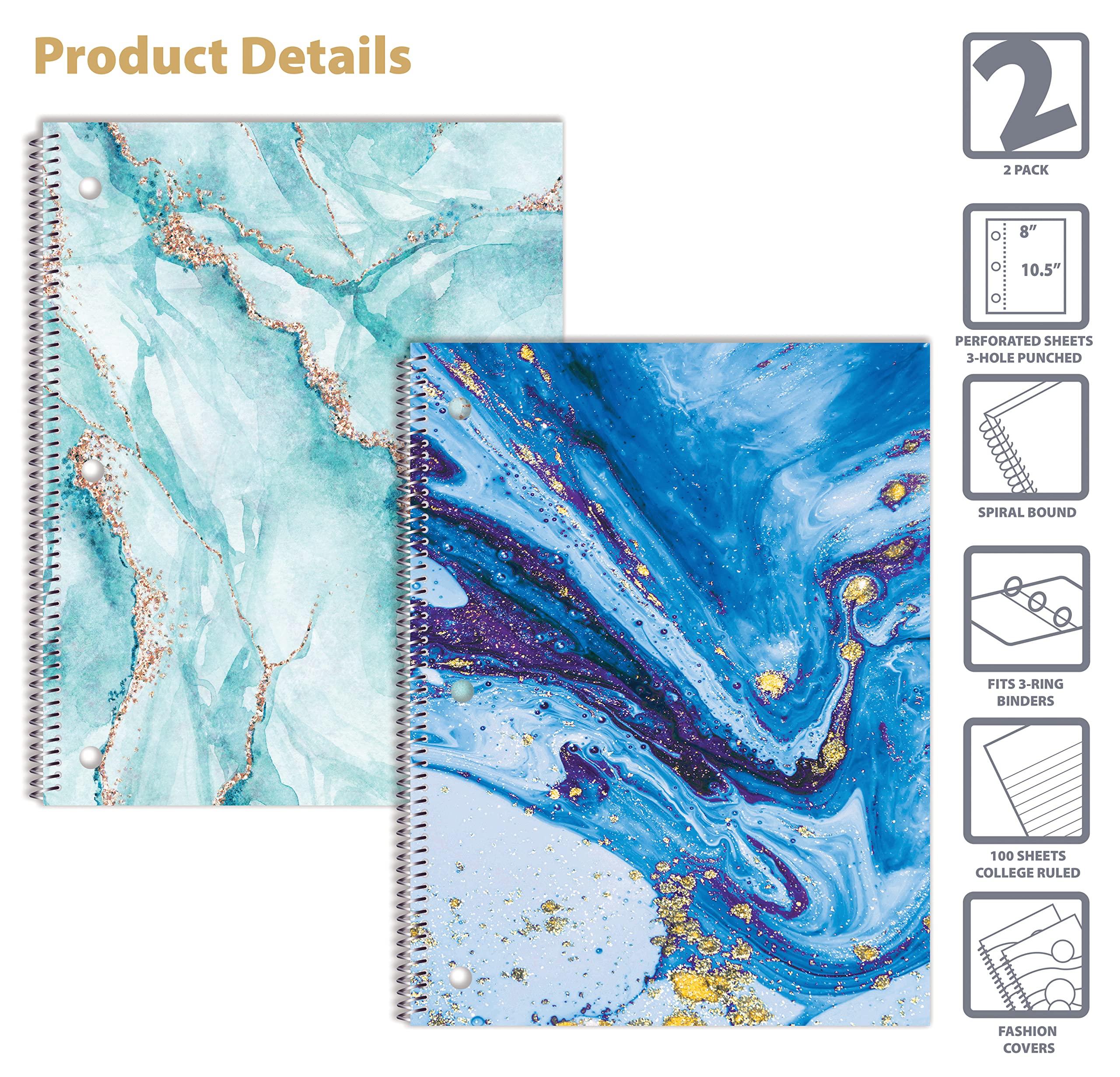 Better Office Products Marble Design Spiral Notebooks, 2 Pack, College Rule, 100 Sheet, 10.5 x 8 inches, Abstract Marble Fashion Design Covers, 2 Pack