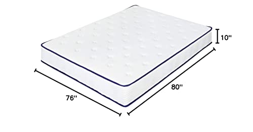 PrimaSleep 10 inch Hybrid Tight Top Spring Mattress,White/Blue Piping/Dura I Gel Foam (King)