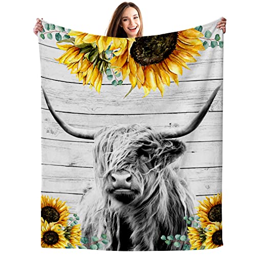 Highland Cow Blanket Super Soft Flannel Sunflower Cow Throw Blanket Warm Lightweight Blanket for Adults Kids Gifts 50"X40"