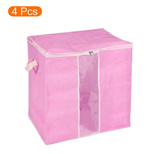 uxcell Clothes Storage Organizer Bag with Reinforced Handle 4pcs, Comforters Storage Bag for Clothes, Bedding, Blankets, Foldable with Sturdy Zipper-Pink
