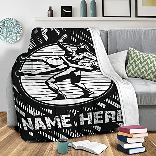 OhaPrints Custom Abstract Pattern Wrestling Lover Wrestler Black White Personalized Name Soft Sherpa Throw Blankets Cozy Fuzzy Fleece Throws for Tv Sofa Couch Comfy Fluffy Blanket 30X40 50X60 60X80