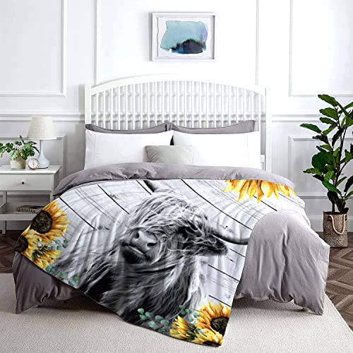 Highland Cow Blanket Super Soft Flannel Sunflower Cow Throw Blanket Warm Lightweight Blanket for Adults Kids Gifts 50"X40"