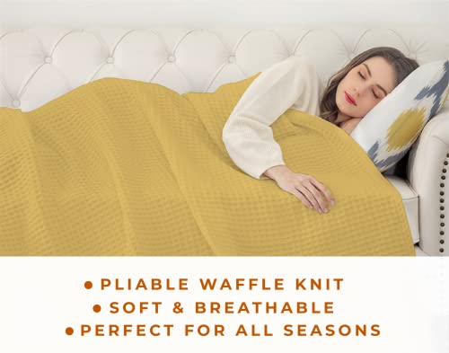 Kotton Culture 100% Cotton Throw Blankets King Size Breathable All Season Blanket for Couch Lightweight Waffle Weave Pattern Soft Blanket for Home Sofa Traveling Camping 104X90 Inches (Gold)