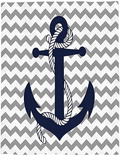 Flannel Fleece Luxury Lightweight Cozy Couch/Bed Super Soft Warm Plush Microfiber Throw Blanket,Nautical Navy Anchor with Gray and White Chevron (40 x 50 Inches)