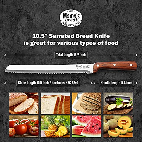 Mama's Great Ultra Sharp Serrated Bread Knife for Homemade Bread with 10.5 Inch Wide Wavy Edge