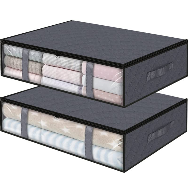 Resszo Under Bed Storage Containers, 100L Large Capacity Underbed Storage Bags Organizer, Foldable Underbed Bags with Clear Window and Reinforced Handles for Blanket, Comforter, Clothes, 2 Pack