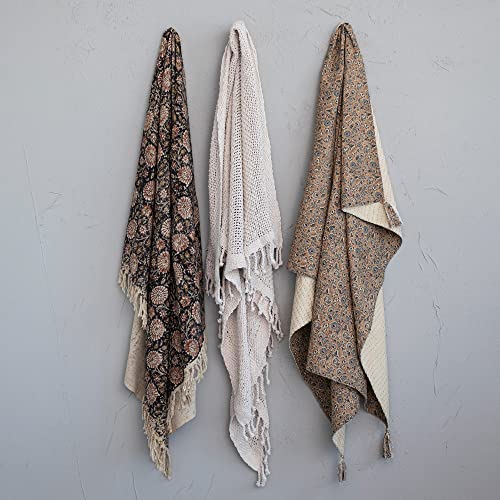 Creative Co-Op Cotton Kantha Stitch Floral Print and Tassels, Multicolor Throw Blanket, Multi
