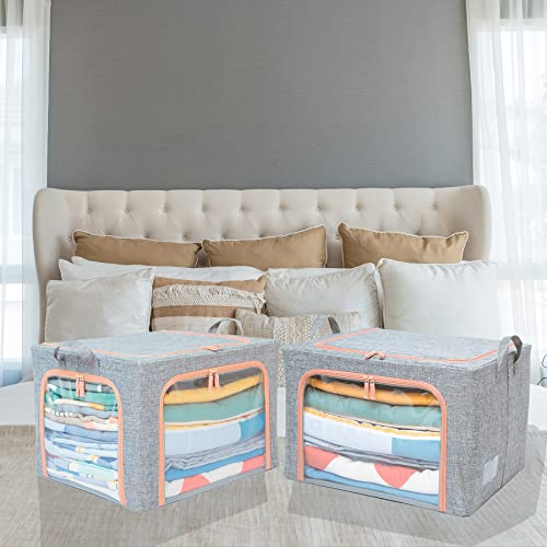 Tasmegol 4 Pack Stackable Steel Metal Frame Clothes Storage Bins Foldable Zipper Cloth Box Clothing Bags Large Clear Window Closet Containers Organizer for Bedding Sweater