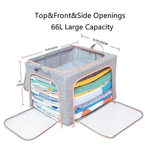 Tasmegol 4 Pack Stackable Steel Metal Frame Clothes Storage Bins Foldable Zipper Cloth Box Clothing Bags Large Clear Window Closet Containers Organizer for Bedding Sweater