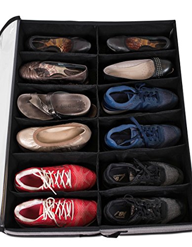 Internet's Best Under the Bed Shoe Storage Organizer - 12 Pair/Pockets - Zipper Closure Clear Cover - Grey