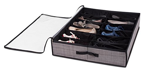 Internet's Best Under the Bed Shoe Storage Organizer - 12 Pair/Pockets - Zipper Closure Clear Cover - Grey