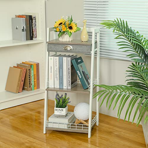 keomaisyto 3-Tier Bathroom Ladder Shelf, Bathroom Floor Storage Shelf with Drawer, Freestanding Tower Shelf, Open Shelving Unit for Bathroom Living Room Balcony