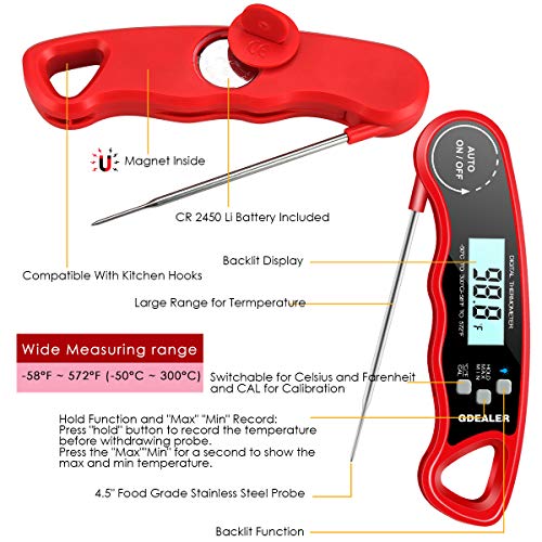 GDEALER Meat Thermometer Digital Instant Read Thermometer Ultra-Fast Cooking Food Thermometer with 4.6β Folding Probe Calibration Function for Kitchen Milk Candy, BBQ Grill, Smokers (A-Red)
