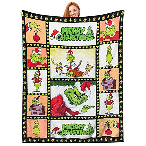 Christmas Fleece Blankets Super Soft Bed-Throw Blanket Green Christmas Grinchy Cartoon Mosaic Warm Bed Blanket for Sofa Chair Bed Living Room Funny Stitching Winter Companion Blessing 60"x80"