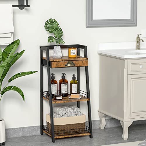 keomaisyto 3-Tier Bathroom Ladder Shelf, Bathroom Floor Storage Shelf with Drawer, Freestanding Tower Shelf, Open Shelving Unit for Bathroom Living Room Balcony