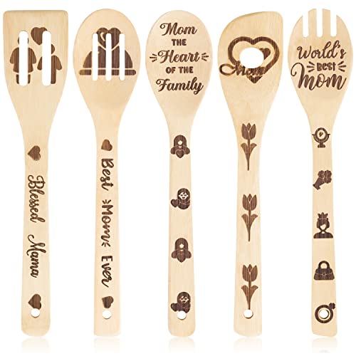 Eartim 5Pcs Mothers Day Wooden Spoons Utensils Set, Non-Stick Cooking Utensils Carve Burned Bamboo Spoons Spatula Kitchen Cookware Gadget Decor Kit Mothers Day Mom Birthday Fun Gift Idea