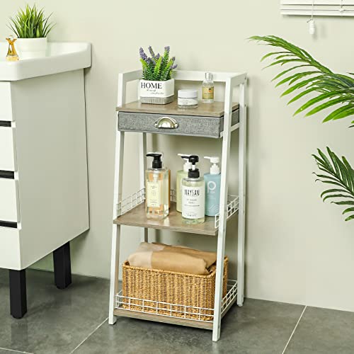 keomaisyto 3-Tier Bathroom Ladder Shelf, Bathroom Floor Storage Shelf with Drawer, Freestanding Tower Shelf, Open Shelving Unit for Bathroom Living Room Balcony