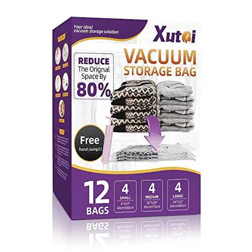 XUTAI Vacuum Storage Bags, Space Saver Bags 12 Pack (4 Large/ 4 Medium/4 Small) for comforters and blankets,Clothes,Clothing,Travel,Luggage,Bedding,Vacuum Seal Bags for Clothes,Hand Pump