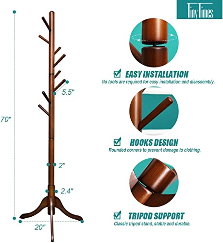 TinyTimes Wooden Coat Rack Free Standing, Sturdy Rustic Hall Tree Coat Tree Coat Hanger with 8 Hooks, for Coat, Hat, Clothes, Scarves, Handbags, Umbrella (Dark Brown)