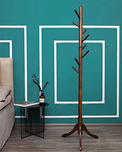 TinyTimes Wooden Coat Rack Free Standing, Sturdy Rustic Hall Tree Coat Tree Coat Hanger with 8 Hooks, for Coat, Hat, Clothes, Scarves, Handbags, Umbrella (Dark Brown)