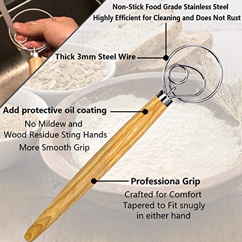 Danish Dough Whisk, Dutch Style Bread Whisk For Dough Cooking Kitchen with Stainless Steel Danish Whisk Bread Mixer 13" and Dough Scraper