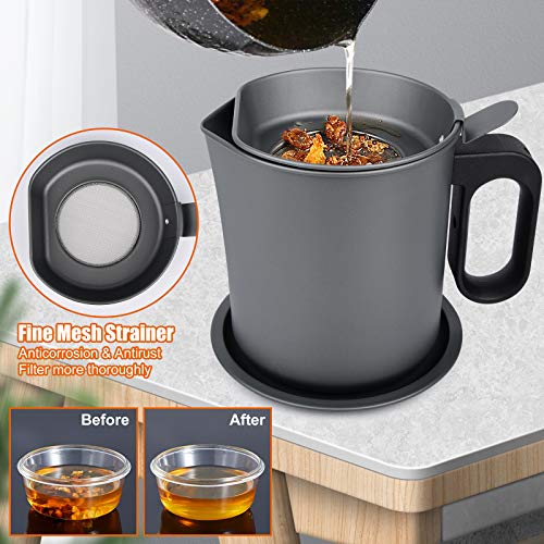 Bacon Grease Container with Strainer 1.7L Used Cooking Oil Container Deep Kitchen Fat Filter Pot Grease Keeper Stainless Steel Large Frying Oil Disposal/Storage Can