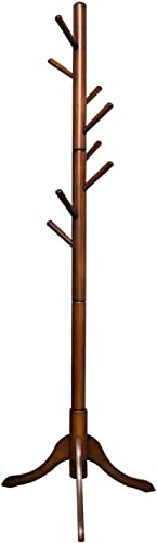 TinyTimes Wooden Coat Rack Free Standing, Sturdy Rustic Hall Tree Coat Tree Coat Hanger with 8 Hooks, for Coat, Hat, Clothes, Scarves, Handbags, Umbrella (Dark Brown)
