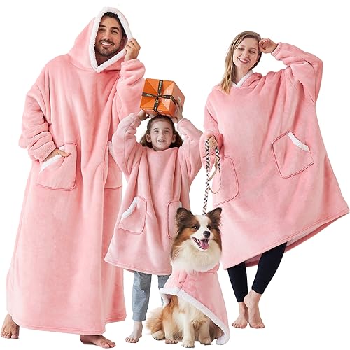 EHEYCIGA Wearable Blanket Hoodie with Pockets and Sleeves, Flannel Fleece Hooded Blanket for Women Men Adults and Kids, Pink, Extended Oversize