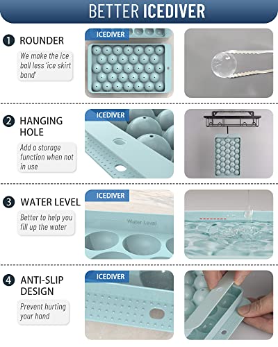 Icediver Ice Cube Tray, Circle Ball Ice Trays for Freezer with Lid & Bin, Sphere Ice Cube Mold Making 99 x 1.0IN Small Round Ice Cubes(Updated Blue Ice Trays, 1 Ice Bucket & Tongs)