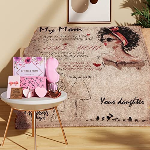 Gifts for Mom, Mothers Birthday Gifts Blanket 50 * 60 inch Basket for Mom Self Care Women Gift Box to My Mom from Daughter Son Includes Bracelets Eye Mask Makeup Bag Mirror Jewelry Plate