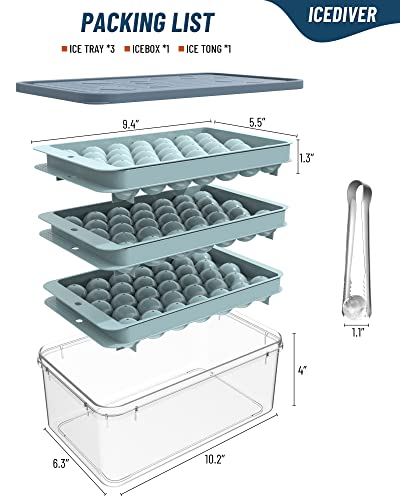 Icediver Ice Cube Tray, Circle Ball Ice Trays for Freezer with Lid & Bin, Sphere Ice Cube Mold Making 99 x 1.0IN Small Round Ice Cubes(Updated Blue Ice Trays, 1 Ice Bucket & Tongs)