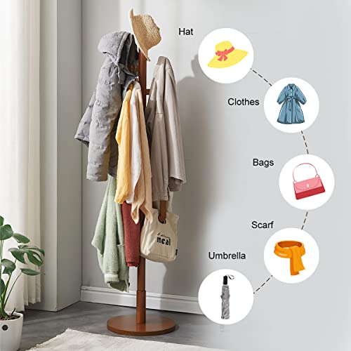 TinyTimes Wooden Coat Rack Free Standing, Cactus Shape, Sturdy Rustic Hall Tree Coat Tree Coat Hanger with 6 Hooks, for Coat, Hat, Clothes, Scarves, Handbags, Umbrella - Dark Brown