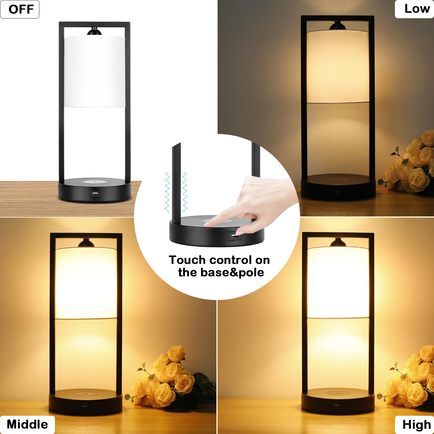 TOBUSA Wireless Charging Touch Control Table Lamps Set of 2, Bedside Nightstand Lamps White Fabric Shade, Modern Dimmable Desk Lamps for Bedroom Living Room Office Warm White E26 Bulbs Included