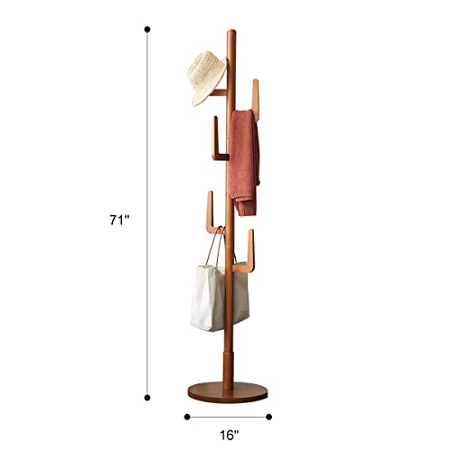 TinyTimes Wooden Coat Rack Free Standing, Cactus Shape, Sturdy Rustic Hall Tree Coat Tree Coat Hanger with 6 Hooks, for Coat, Hat, Clothes, Scarves, Handbags, Umbrella - Dark Brown