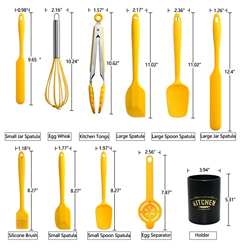 Silicone Spatula Set of 11 Kitchen Utensils with Iron Holder for Baking, Cooking, and Mixing,Cooking Spatulas Nonstick Cookware,Seamless and Flexible,Dishwasher Safe (Yellow)