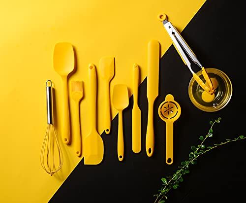 Silicone Spatula Set of 11 Kitchen Utensils with Iron Holder for Baking, Cooking, and Mixing,Cooking Spatulas Nonstick Cookware,Seamless and Flexible,Dishwasher Safe (Yellow)