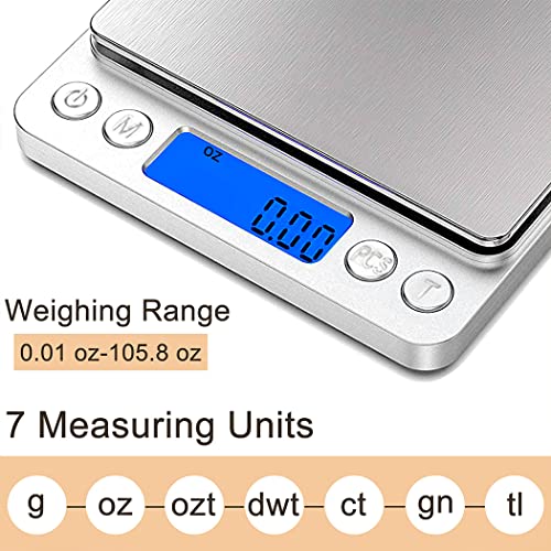 Food Scale Digital Kitchen Scale for Food Ounces and Grams, Small Electronic Pocket Scale for Weight Loss, Baking, Cooking, Coffee, Jewelry, 6.6lb/3kg, 0.01oz/0.1g Precision (Batteries, 2 Trays)