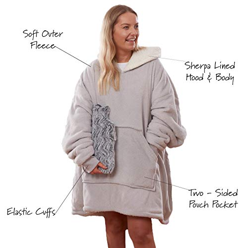 Sienna Wearable Sherpa Hoodie Blanket with Ultra Soft Fleece Lining Warm Cozy Oversized Sweatshirt Throw for Adults, One Size Fits All - Silver Grey