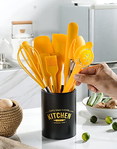 Silicone Spatula Set of 11 Kitchen Utensils with Iron Holder for Baking, Cooking, and Mixing,Cooking Spatulas Nonstick Cookware,Seamless and Flexible,Dishwasher Safe (Yellow)