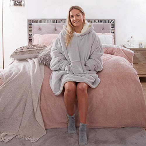 Sienna Wearable Sherpa Hoodie Blanket with Ultra Soft Fleece Lining Warm Cozy Oversized Sweatshirt Throw for Adults, One Size Fits All - Silver Grey