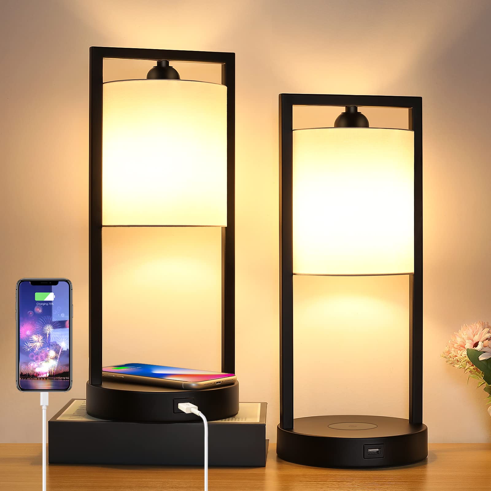 TOBUSA Wireless Charging Touch Control Table Lamps Set of 2, Bedside Nightstand Lamps White Fabric Shade, Modern Dimmable Desk Lamps for Bedroom Living Room Office Warm White E26 Bulbs Included